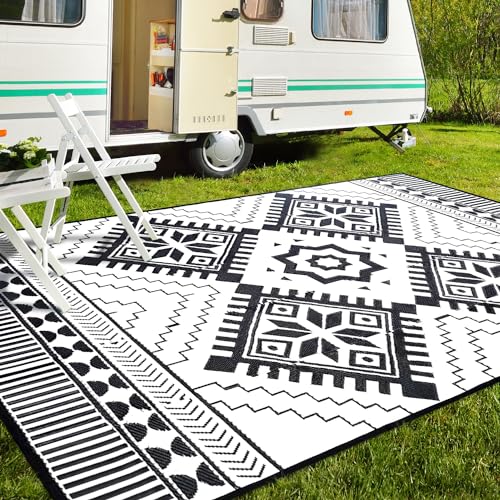 DiiKoo Outdoor Rug Mat for Patio, 6x9ft Waterproof Reversible Plastic Straw Rugs, Camping Carpet Area Mats for RV, Porch, Deck, Backyard, Balcony, Camper, Picnic, Beach, Trailer, Black & White