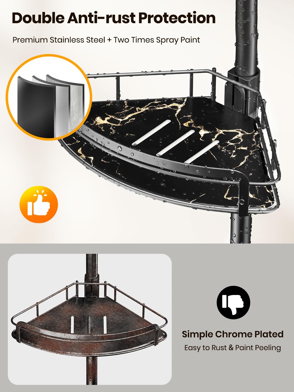 ENRUNEST Corner Shower Caddy Tension Pole for Bathroom Organizer,Tension Shower Caddy Corner,4 Tier Rustproof Larger Capacity Shelves,Adjustable 31.5 to 111.4 Inch,Black