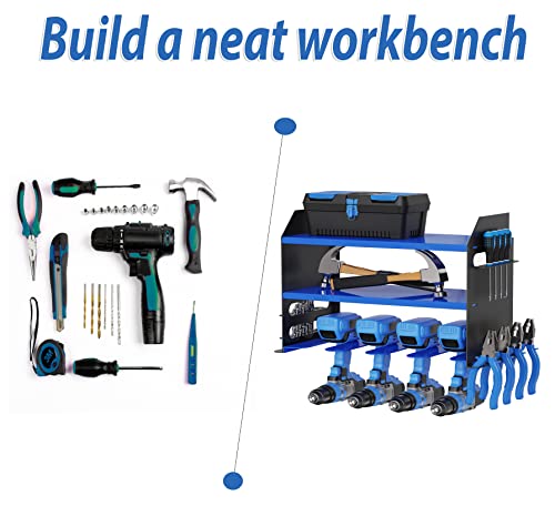 Hemacudy Drill Holder Power Tool Organizer,Drill Storage Rack Wall Mount Drill Holder Garage Tool Organizers and Storage for Garage,Workshop,Holds 4 Drills,Easy Assembly (Blue)
