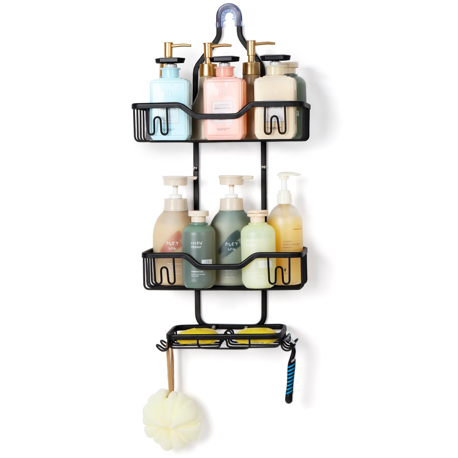 HEOMU Bathroom Hanging Shower Caddy, Shower Organizer Shelves with 4 Hooks, Rustproof & Waterproof Shower Storage Rack for Shampoo, Conditioner, Soap, Bath Sponge, Silver
