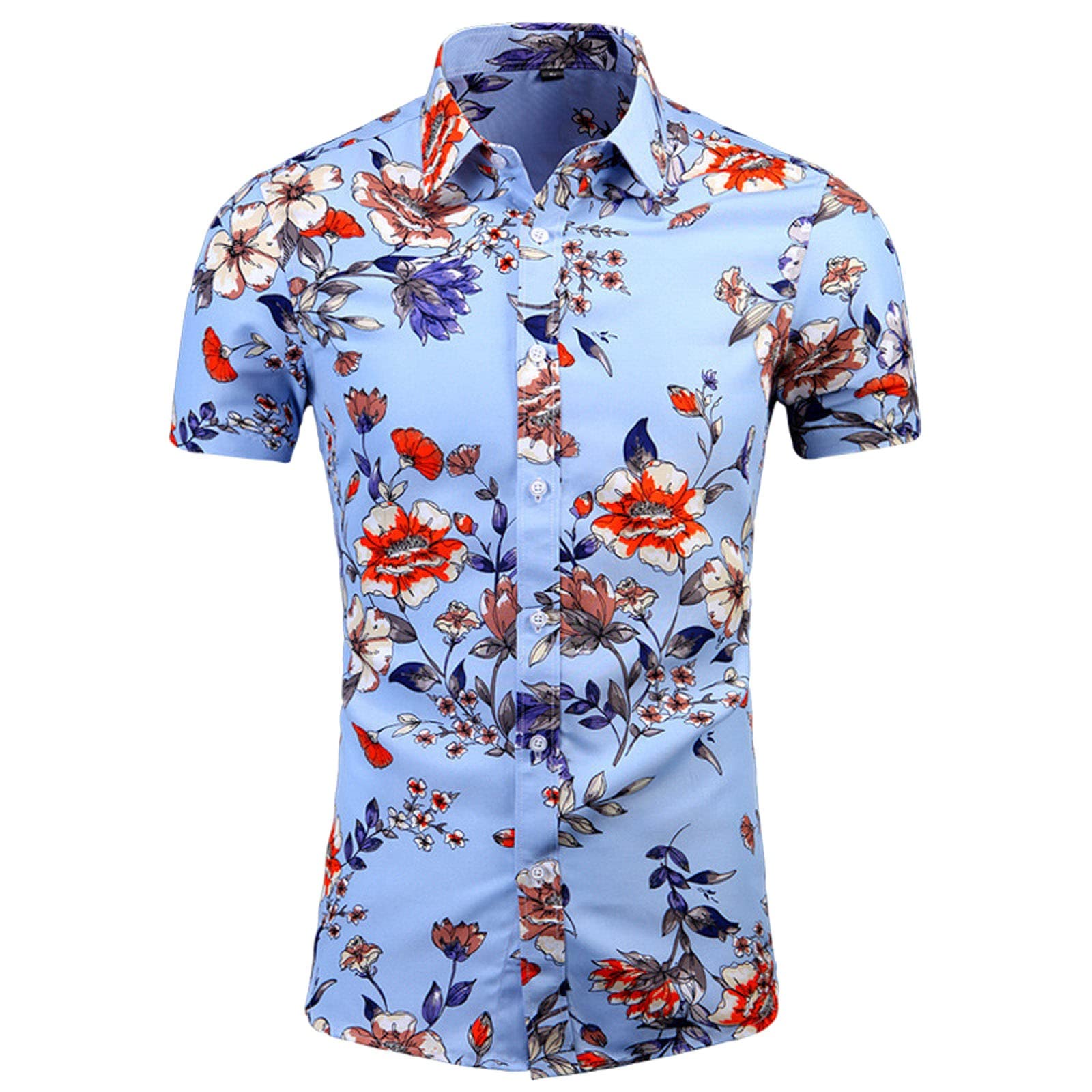 DUOWEI Summer New Mens Slim Print Short Sleeve Shirt Plus Size Fashion Casual Beach Polyester Shirt Blue