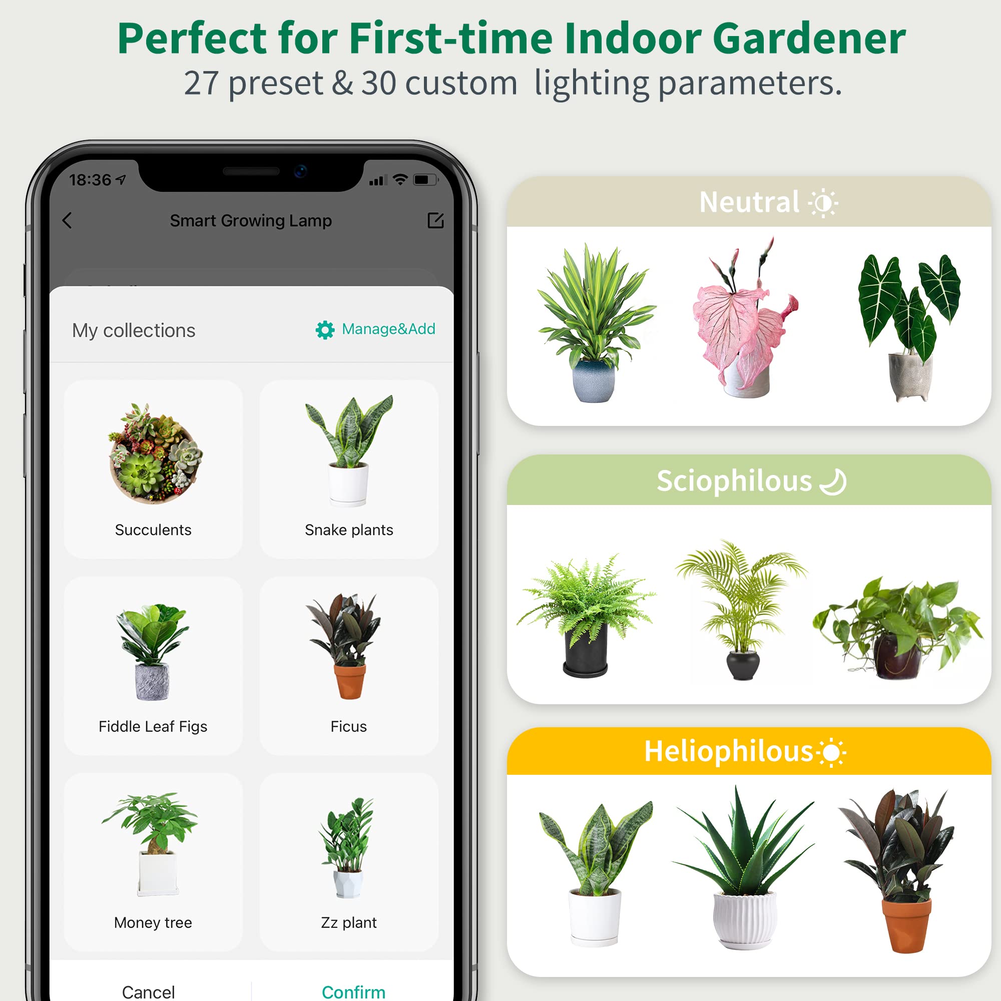 Diivoo Smart Grow Light for Indoor Plant Full Spectrum, Bluetooth LED Growing Lamp for Small Herb Garden, Automatic Timer, Stepless Dimming, Height Adjustable