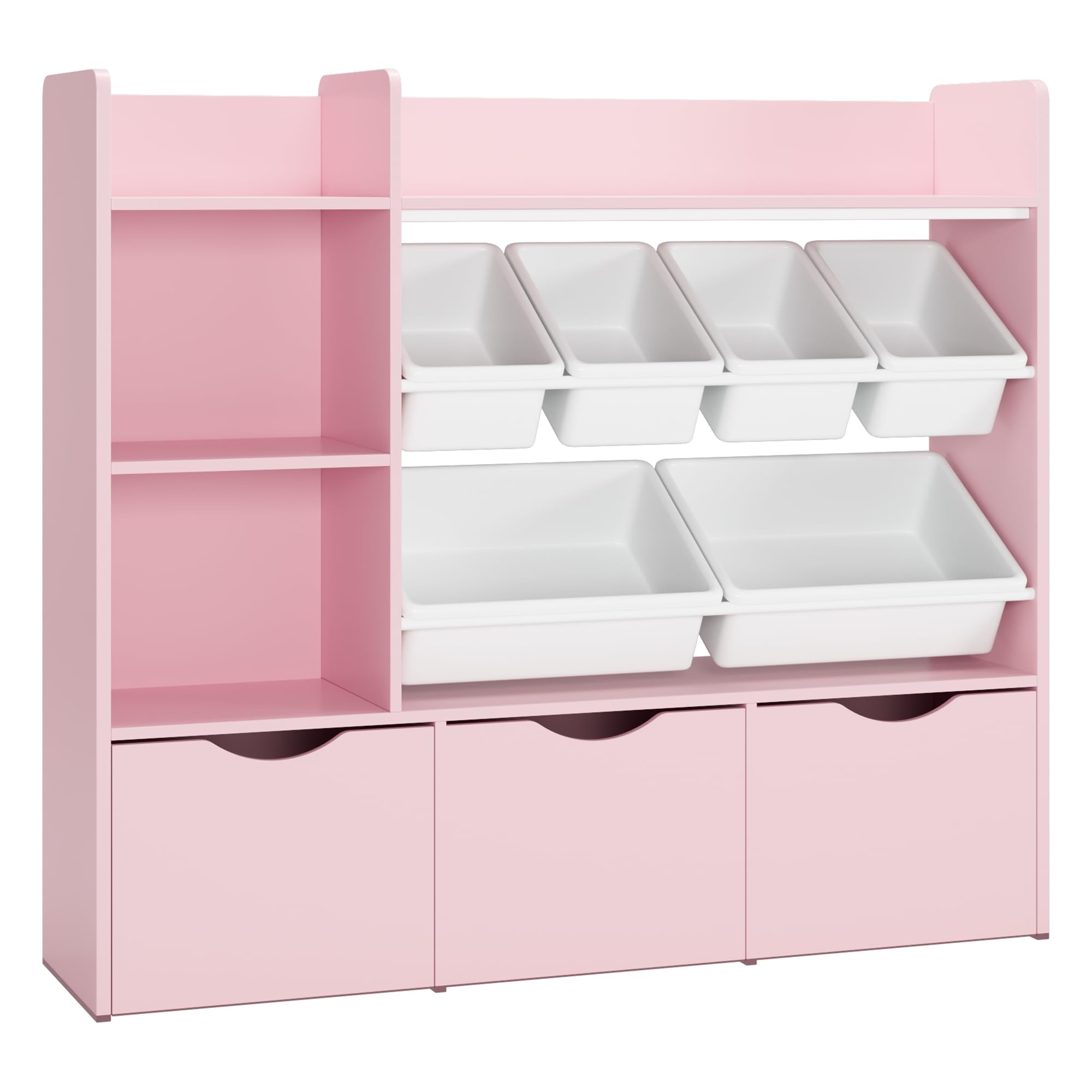 FACBOTALL Toy Storage Organizer with 3 Movable Drawers, Bookshelf and Bookcase with 6 Plastic Bins & 2 Storage Cubbies, Toy Chest with Hidden Wheels, Toy Storage Box for Playroom, School, White