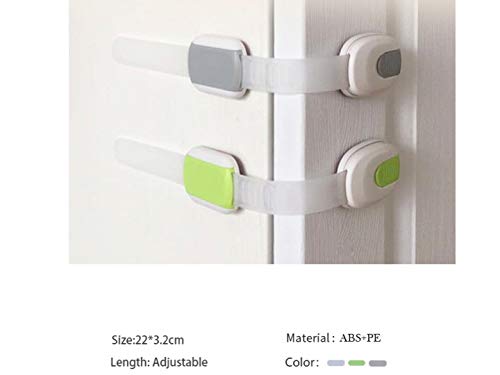 Child Safety Door Latch - Baby Proofing Adhesive Locks Latch to Cabinet Door, Drawer, Glass - Simple Install - No Drill - Adjustable Length (6 Pieces Per Pack: Grey,Blue,Green)