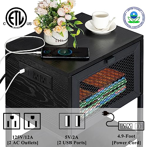 LEBOAHOUS Nightstand with Charging Station and USB Port, 3 Tier Industrial Night Stand, Bedside Table with Flip Storage Drawer and Open Shelf, End Side Table for Bedroom, Office, Dorm 26.2''H (Black)