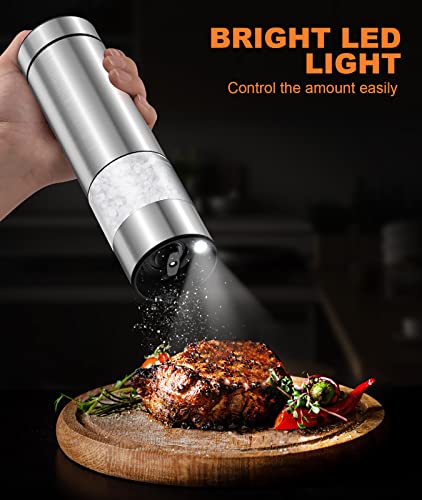 OUWMAN Electric Salt and Pepper Grinder Set, [2 Pack] Automatic Salt and Pepper Grinder Set Battery Powered with LED Light, Adjustable Coarseness Pepper Mill, One Hand Operation, Stainless Steel