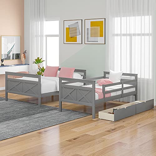 Merax Twin Over Full Bunk Bed with 2 Storage Drawers, Ladder and Guardrail, Can be Converted into 2 Separated beds, Grey