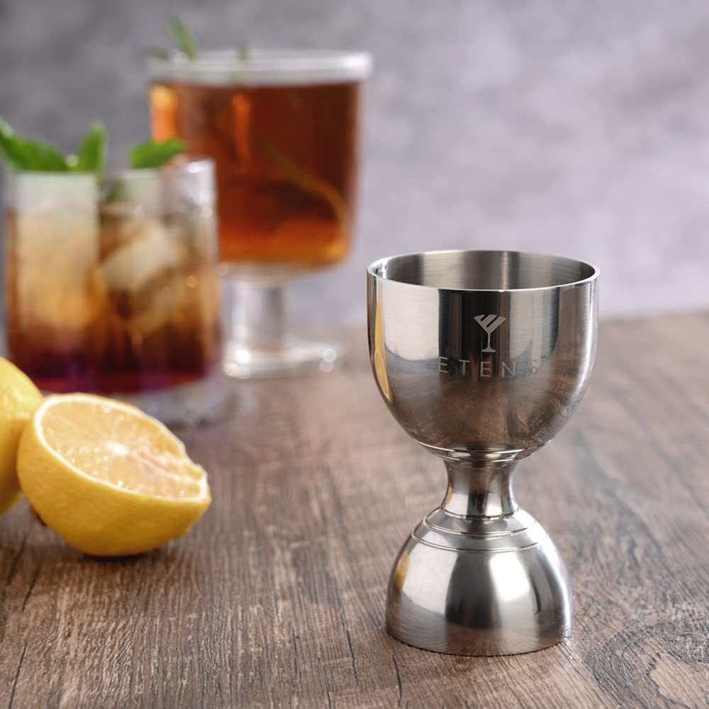 Etens Glass Cocktail Shaker and Bell Jigger Bundle, 14oz Clear Martini Shaker with Recipe / 1oz 2oz Measure Double Jigger