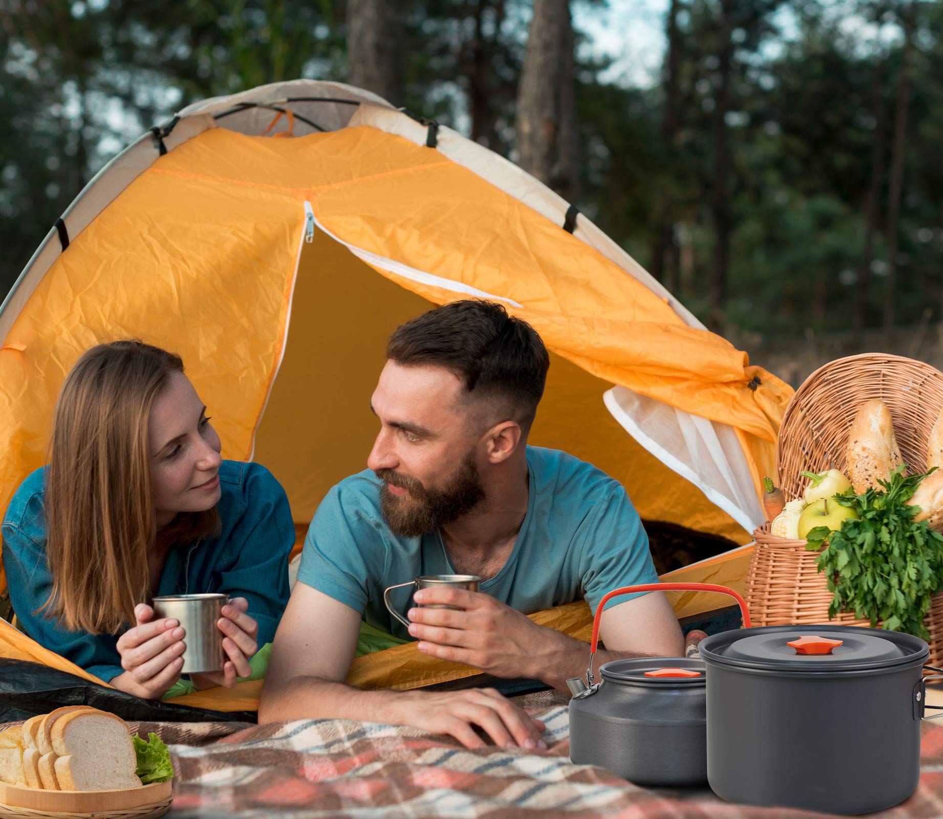 Camp Cookware Set, MEETSUN 17 Piece Camping Cookware 4 Person High Capacity Camping Gear and Equipment with Camping Pot Camping Coffee Pot Chopping Board Folding Knife and Fork Set for Outdoor