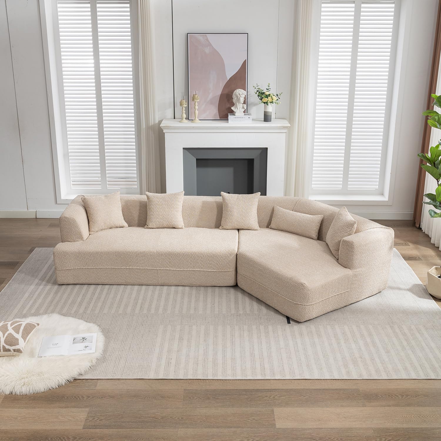 HanStrong Modular Sectional Sofa Curved Sponge Couch Modern Minimalist Upholstered Sleeper Sofa, 2pcs Free Combination Anti-Wrinkle Boucle Fabric Sofa for Living Room Apartment, Light Brown