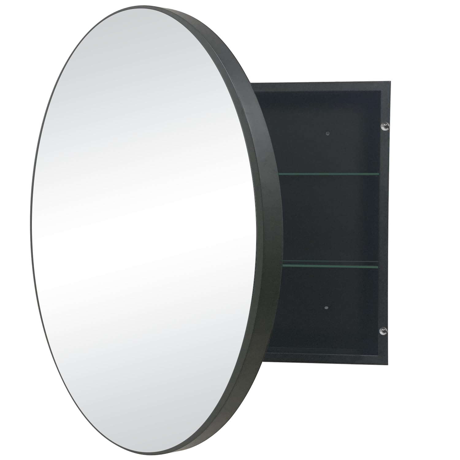 HESONTH 28 x 28 Inch Round Medicine Cabinet Circular Bathroom Mirror Cabinet | Wall Surface Mounted Storage Cabinet | with Farmhouse Black Framed Mirrored Door