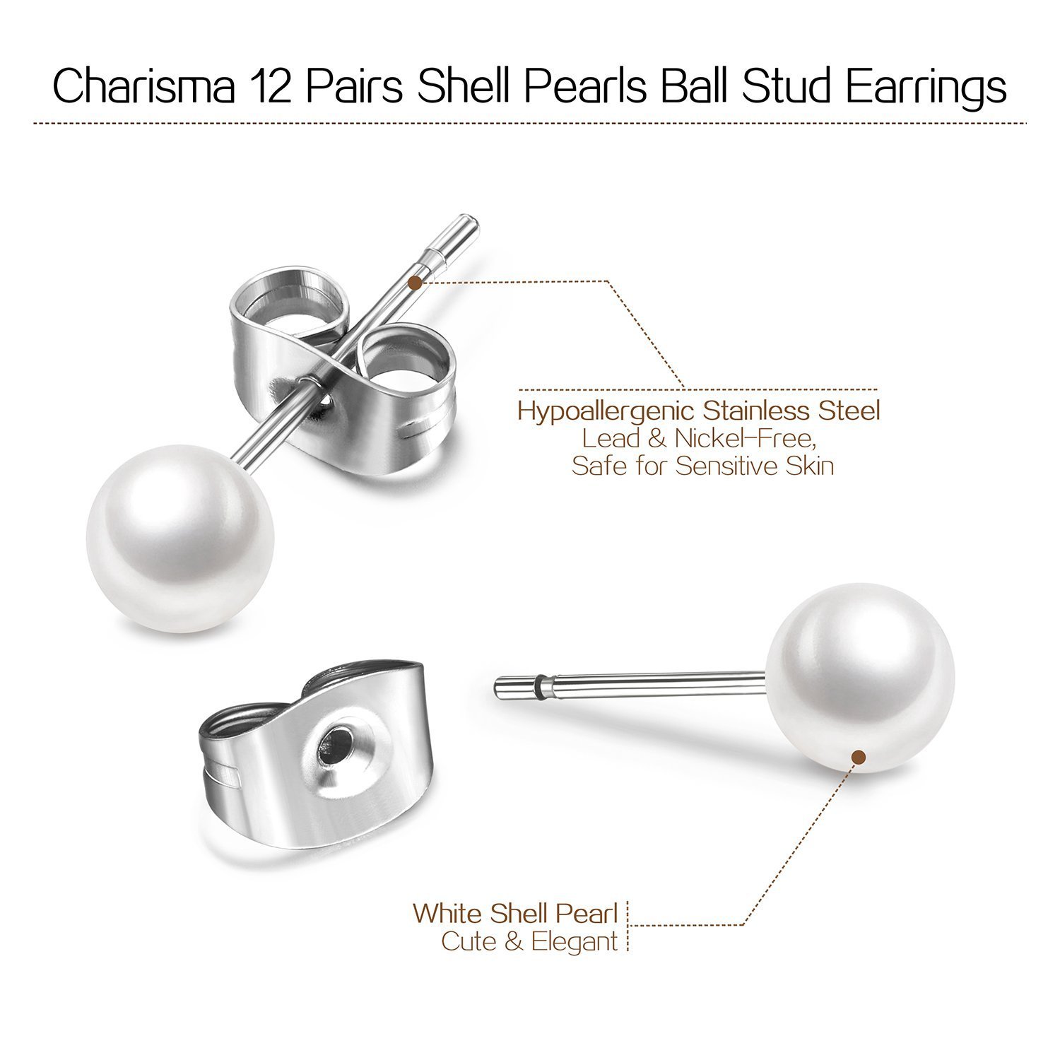 Charisma 6mm Composite Pearl Earrings Round Ball Pearls Stud Earrings Hypoallergenic 12 Pairs Mixed Color Imitation Pearl Earrings Set for Women