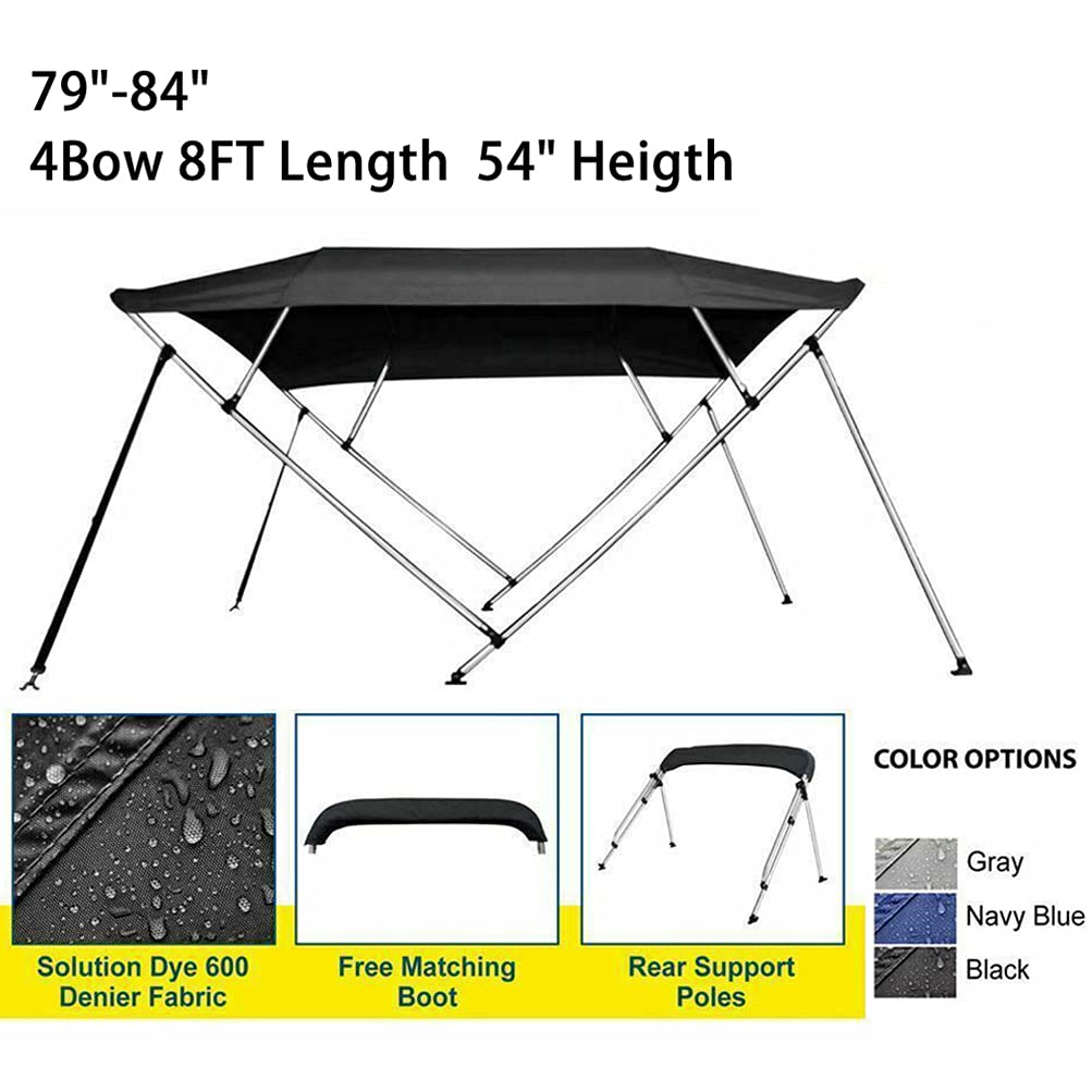 cciyu 4 Bow Bimini Boat Top Cover with Rear Support Pole and Storage Boot, Color Grey, Black, Blue, Available (Black, 4 Bow 8(ft) L x 54(inch) H x 79-84(inch) W)