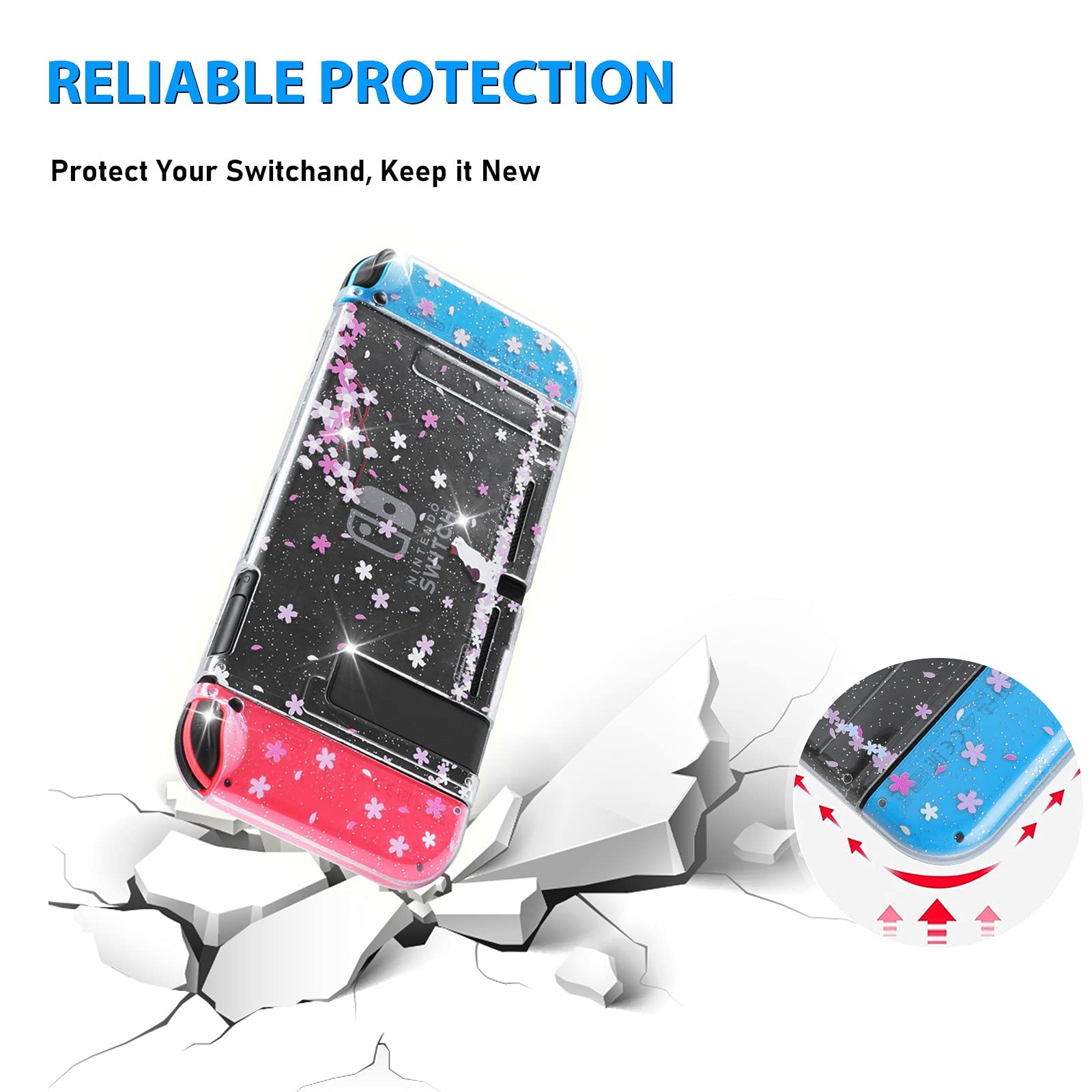 Clear Glitter Case for Switch, Cute Dockable Protective Case for Girls Women, Soft TPU Cover with Cherry Blossoms Thumb Grips Compatible with Nintendo Switch and JoyCon Controller - Pink Sakura Cat