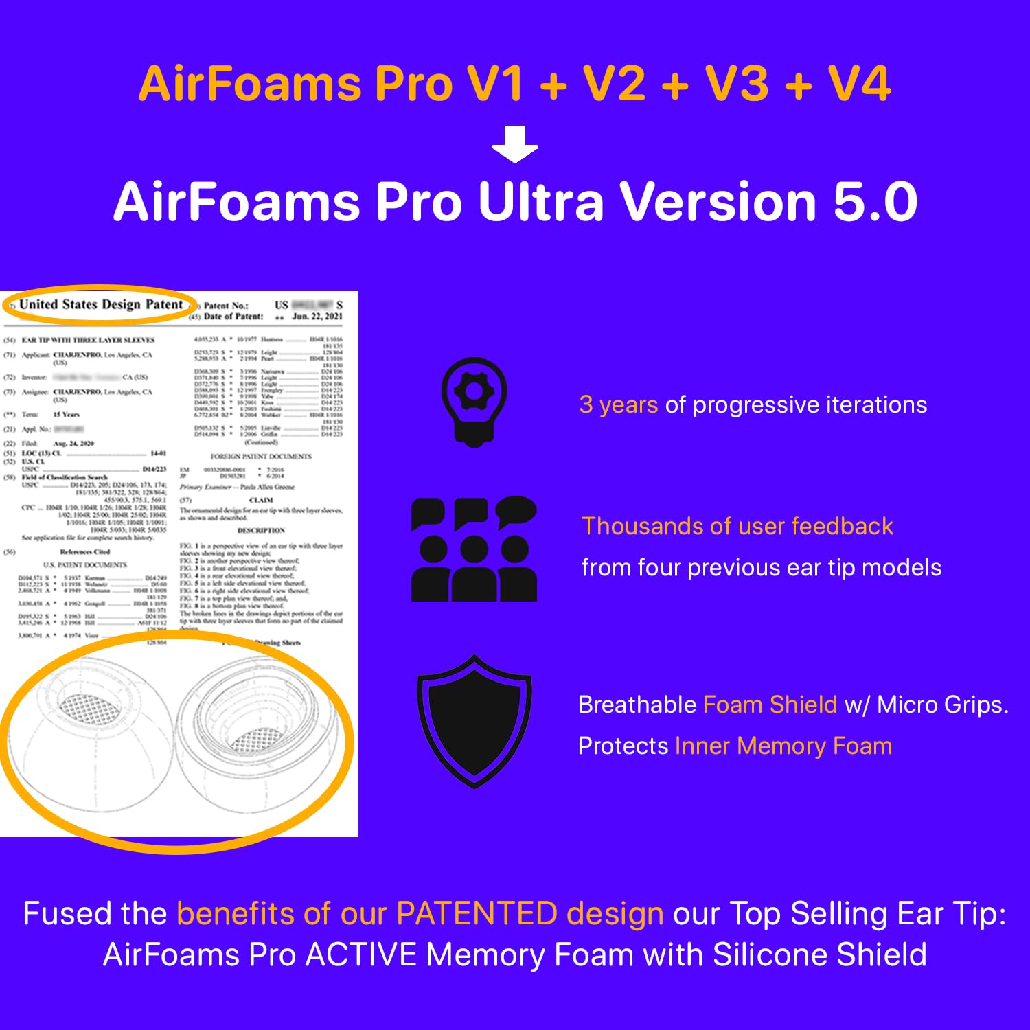 CharJenPro Patented AirFoams Pro Ultra V5.0 Memory Foam Ear Tips w/Foam Shield for AirPods Pro 1st & 2nd Gen, Newest Version 5.0, Secure, Comfortable, Super Noise Cancellation, Replacement Buds, SML