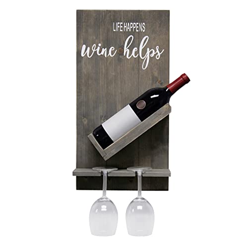 Elegant Designs HG1016-RGY Lucca Quote Saying “Life Happens Wine Helps” Wooden Bottle Shelf with Glass Holder Wall Mounted Wine Rack, Rustic Gray