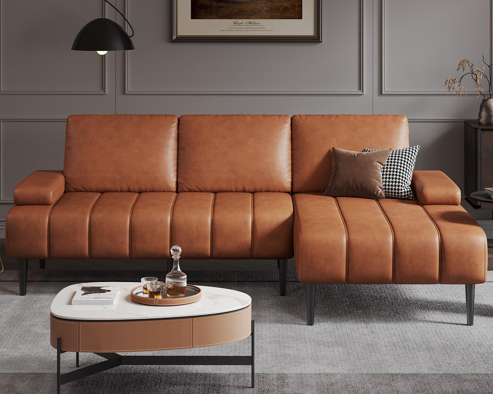 Fadware Sectional Couch for Living Room, 94.5'' Faux Leather L-Shaped Sofa Couches, Modern Upholstered 3 Seat Couch with Removable Armrest and Not Convertible Chaise for Apartment, Grey