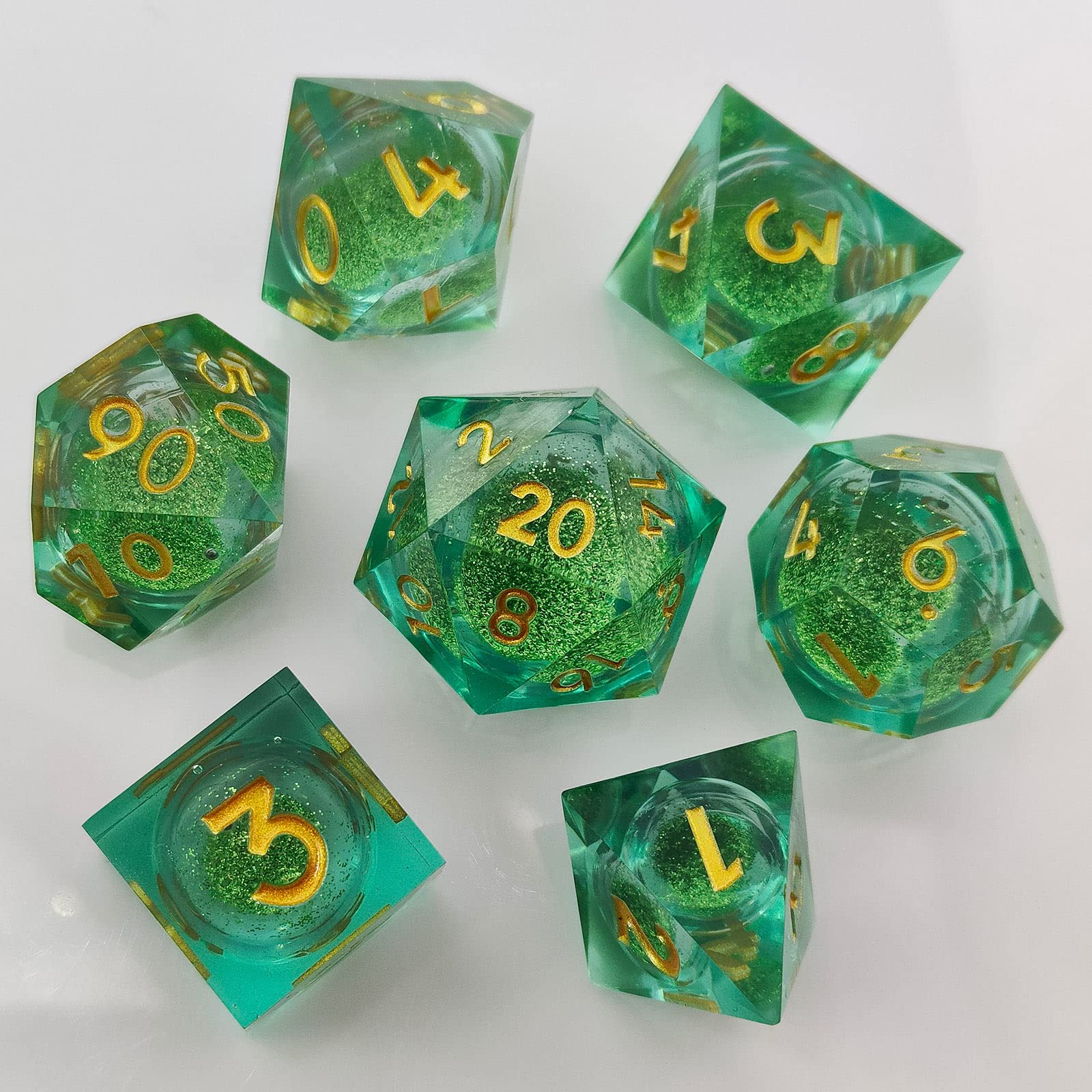 Dice Set - Polyhedral Dice TRPG Game Accessories 100% Handmade Sharp Dice Mtg D20 Dice Set Inclusions Liquid Core Dice Quicksand Ball Send Black Leather Pouch - Green