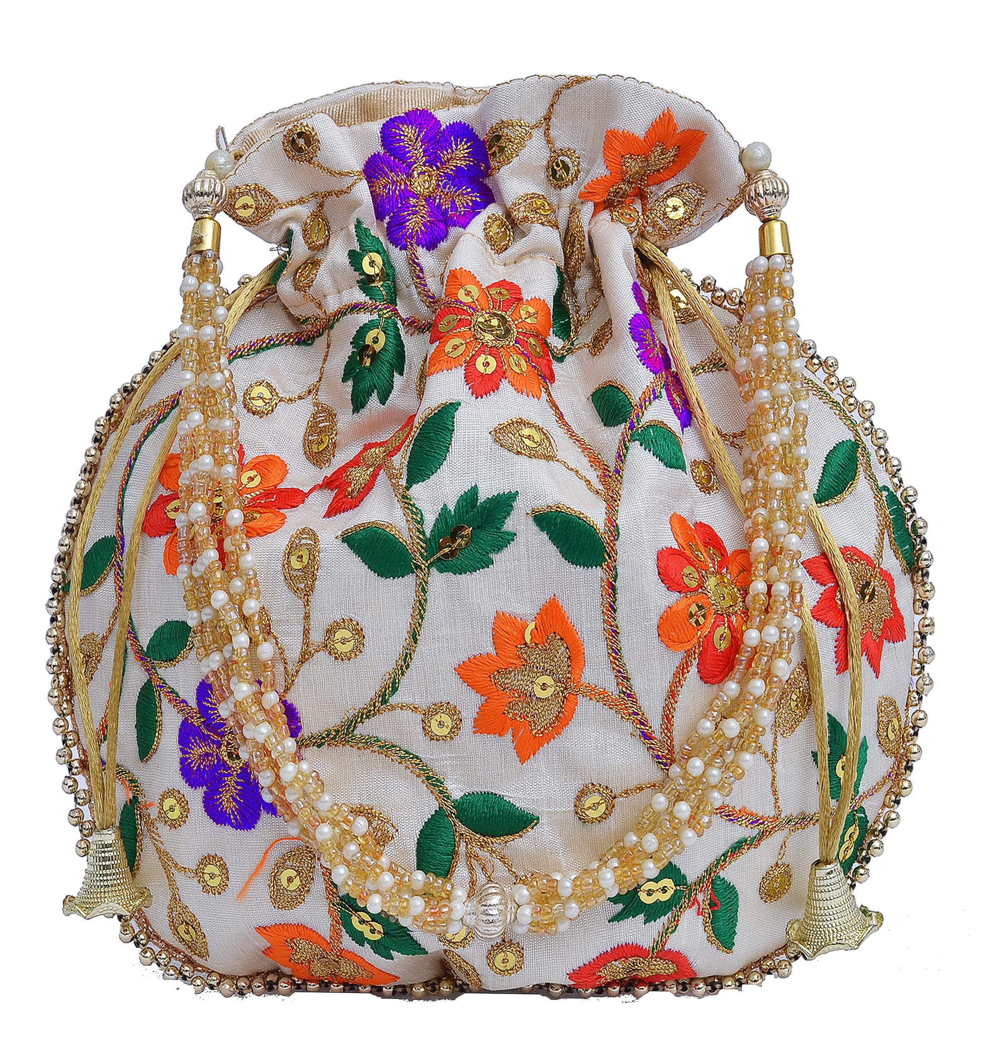 Truesellershop Designer Embroidered Potli Bag for Women Indian Ethnic Embroidered Printed Silk Batwa Pearls Handle Purse Clutch Off White