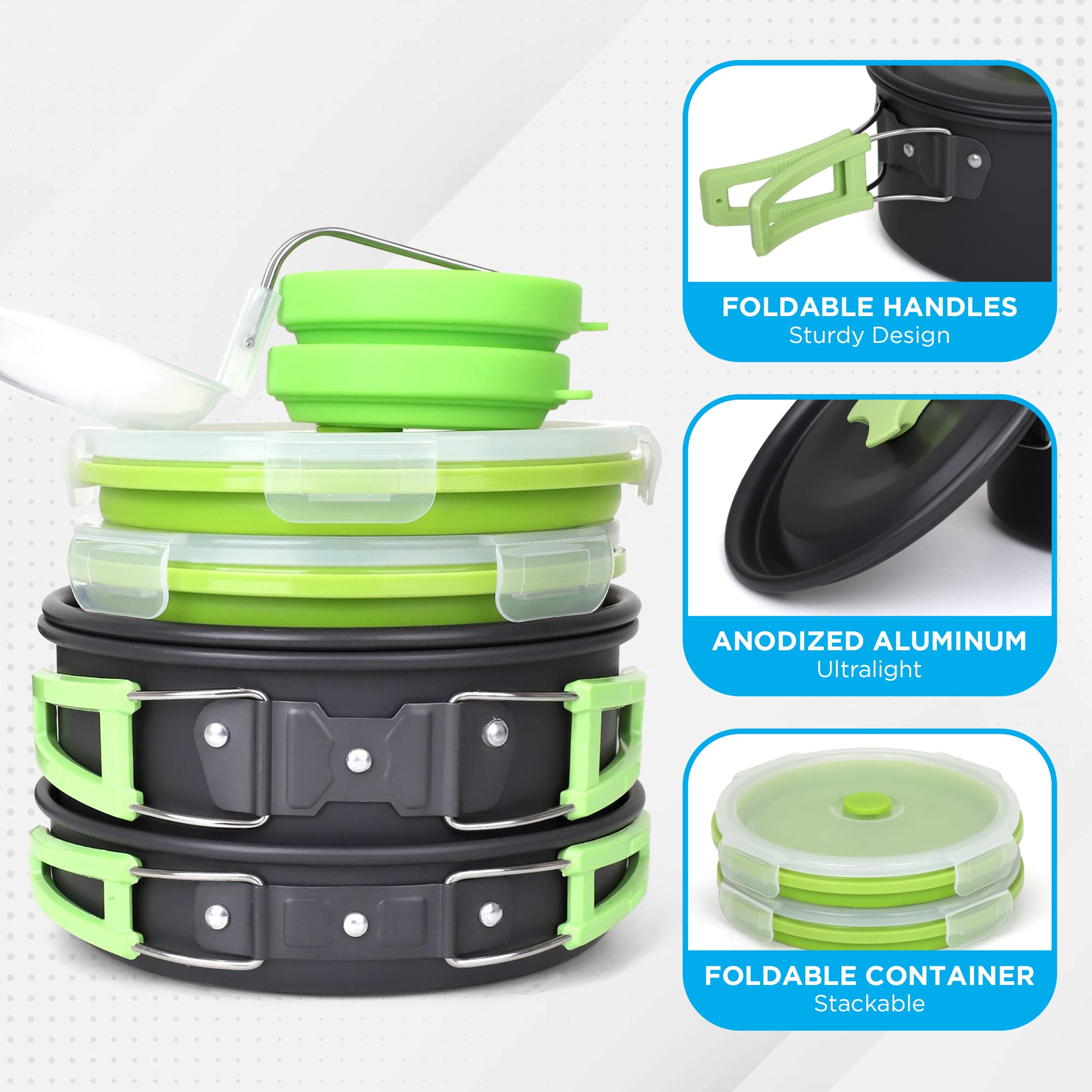 Camping Cookware & Dinnerware Set- 10 Pieces Aluminum Pots and Pans Set with Silicon Clapsable Bowls, Foldable Sporks in Travel Mesh Bag for Camping, Trekking, Backyard Picnic & Backpacking Gear