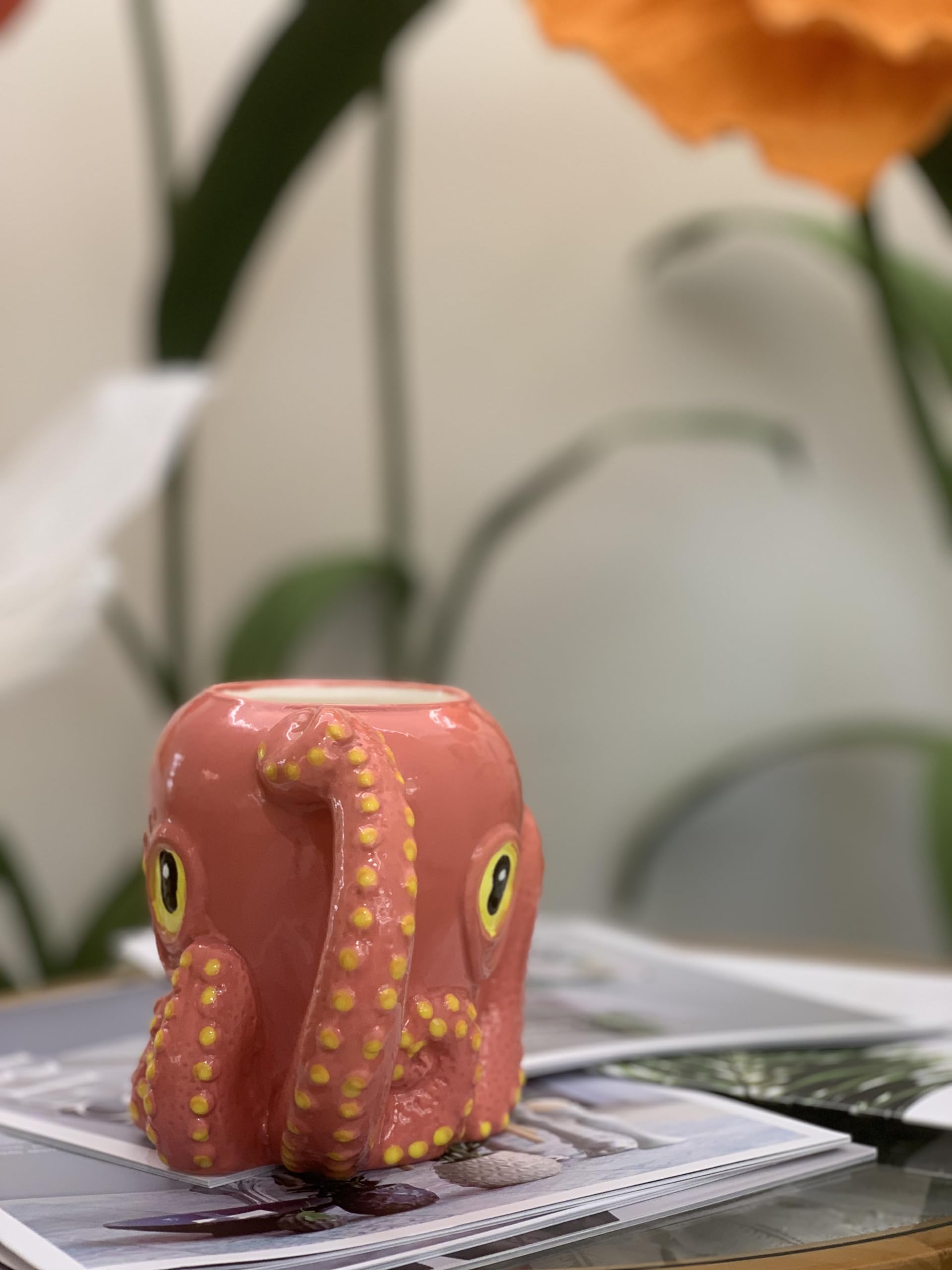 GLDOGO 3D Pink Octopus Ceramic Mug,Novel Handmade Octopus Shaped Statue Cup,Festivals or Birthday Gifts for Coffee and Milk Tea Enthusiasts