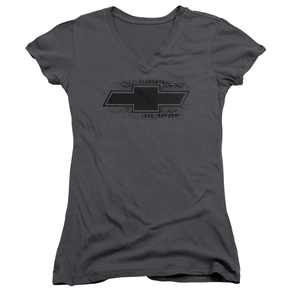 Chevrolet Bowtie Burnout Juniors' Sheer Fitted V-Neck T Shirt, Medium Charcoal
