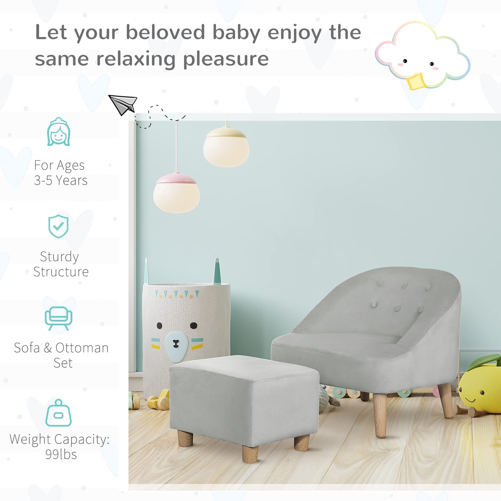 Qaba Kids Sofa Set, Toddler Chair, Sofa & Ottoman for Bedroom, Playroom, Children's Couch for 3-5 Years, Grey