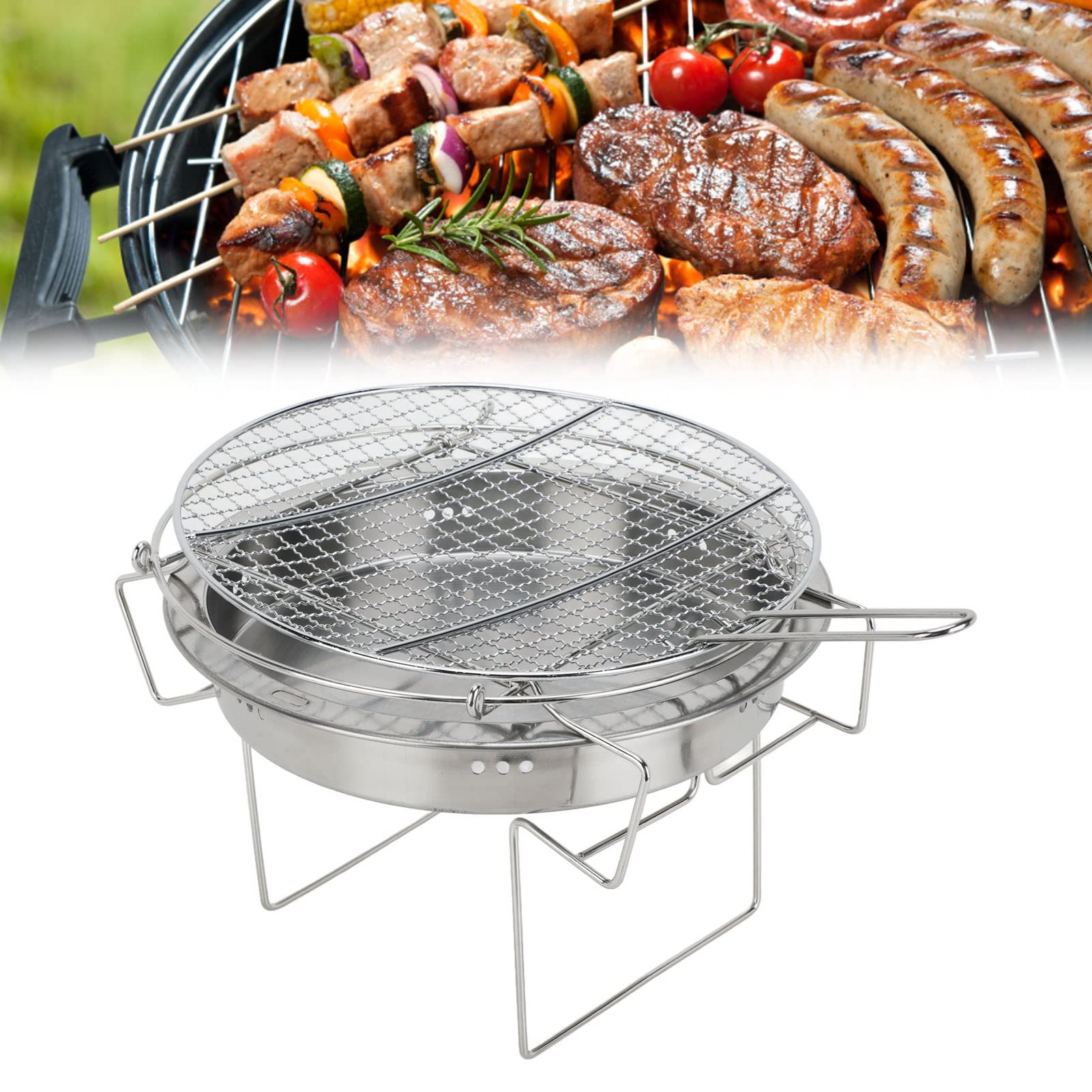 Camping Equipment, Barbecue Stove, Barbecue Set, Round Barbecue Grill, Stainless Steel Mini Folding Round Brazier Grill, Eco-Friendly Portable Charcoal Grill with Grill Mesh