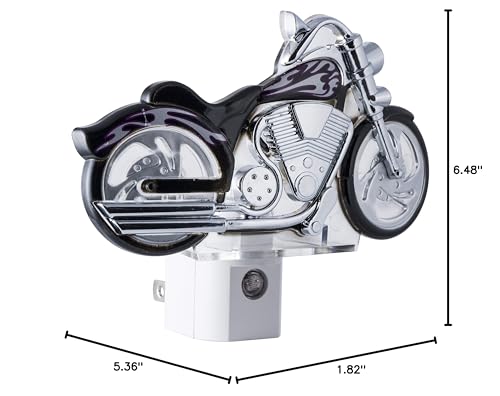 GE LED Motorcycle Night Light, Plug-In, Dusk-to-Dawn Sensor, Auto On/Off, Energy-Efficient, Soft White, Flames & Chrome Design, Ideal for Bedroom, Playroom, Bathroom, & More, Black/Silver, 10904