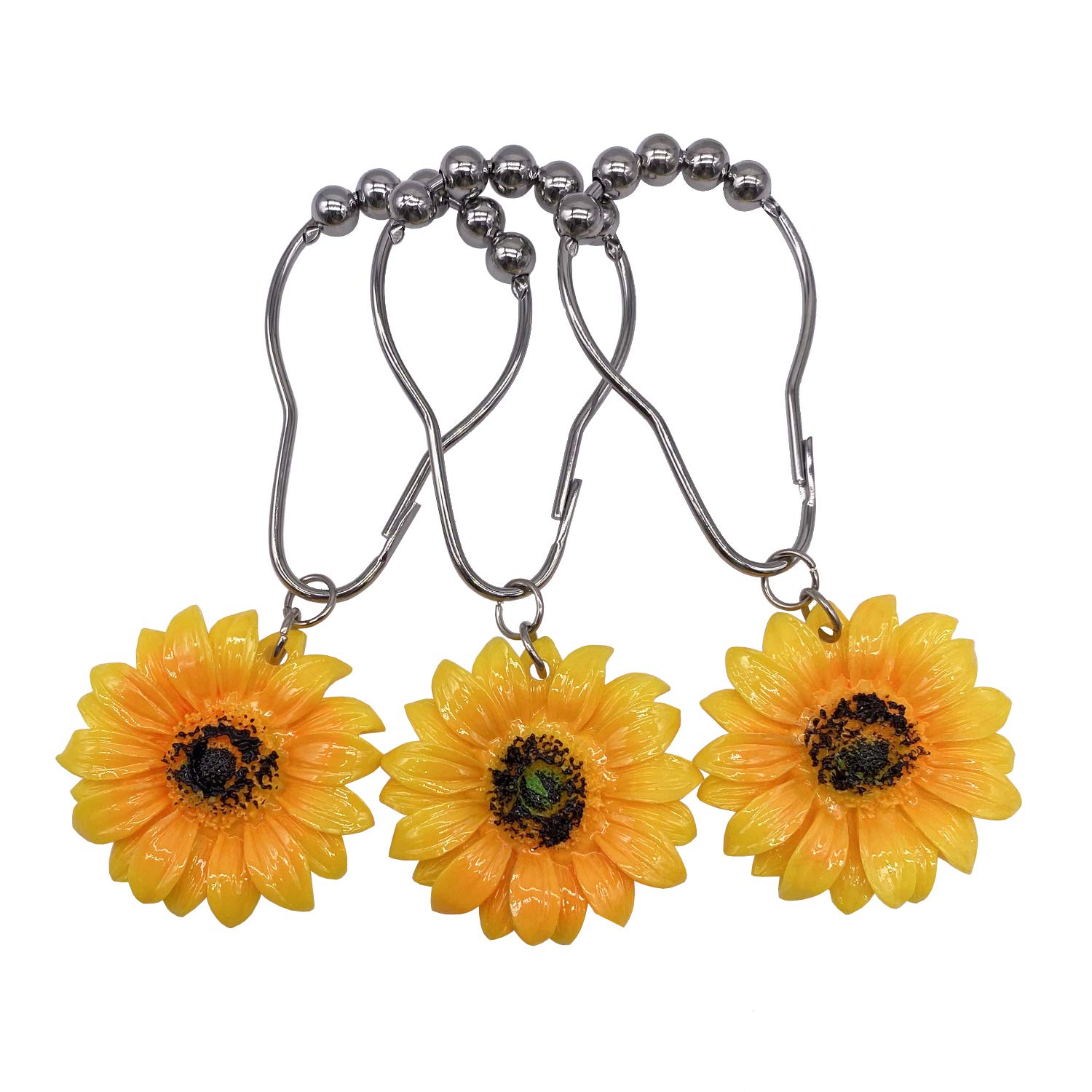 CHICTIE Flowers Shower Curtain Hooks Rings, 12 Pcs Decorative Rustproof Shower Rings for Bathroom Set (Yellow Sunflower)