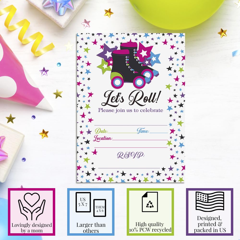 Let’s Roll Star Roller Skating Birthday Party Invitations, 20 5x7 Fill In Cards with Twenty White Envelopes by AmandaCreation