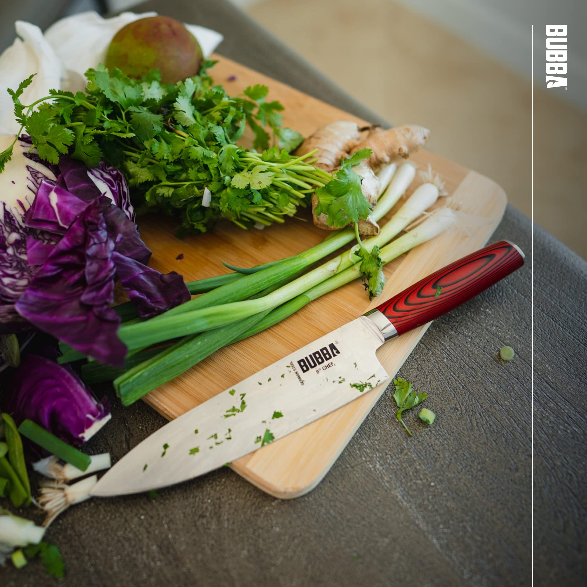 BUBBA Kitchen Series 8" Chef Knife, an all-purpose kitchen knife for Chopping, Mincing, Slicing and Dicing with a premium German Steel Blade for all your kitchen needs