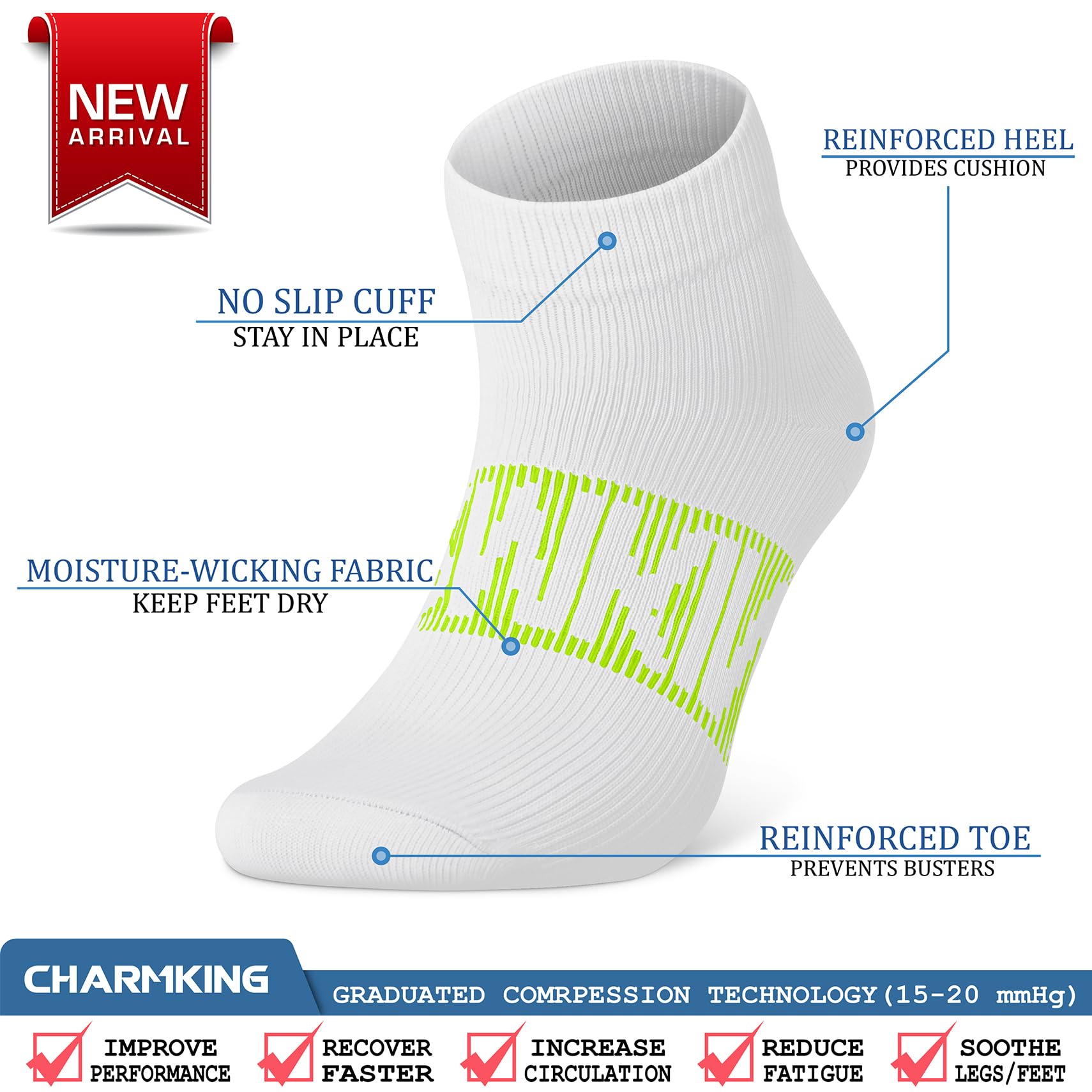 CHARMKING Compression Socks for Women & Men Circulation 6 Pairs 15-20 mmHg Ankle Socks is Best for Athletic(S/M,White/Green)