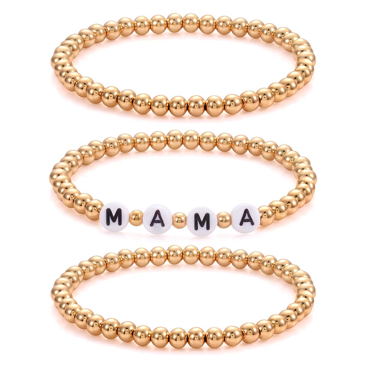 CEALXHENY Ball Bead Bracelets for Women Brass Bead Ball Chain Stretch Bracelets MAMA Letter Bangle Bracelets Gold Layering Bracelet Set Mother’s Day Thanksgiving Gifts (Letter MAMA)
