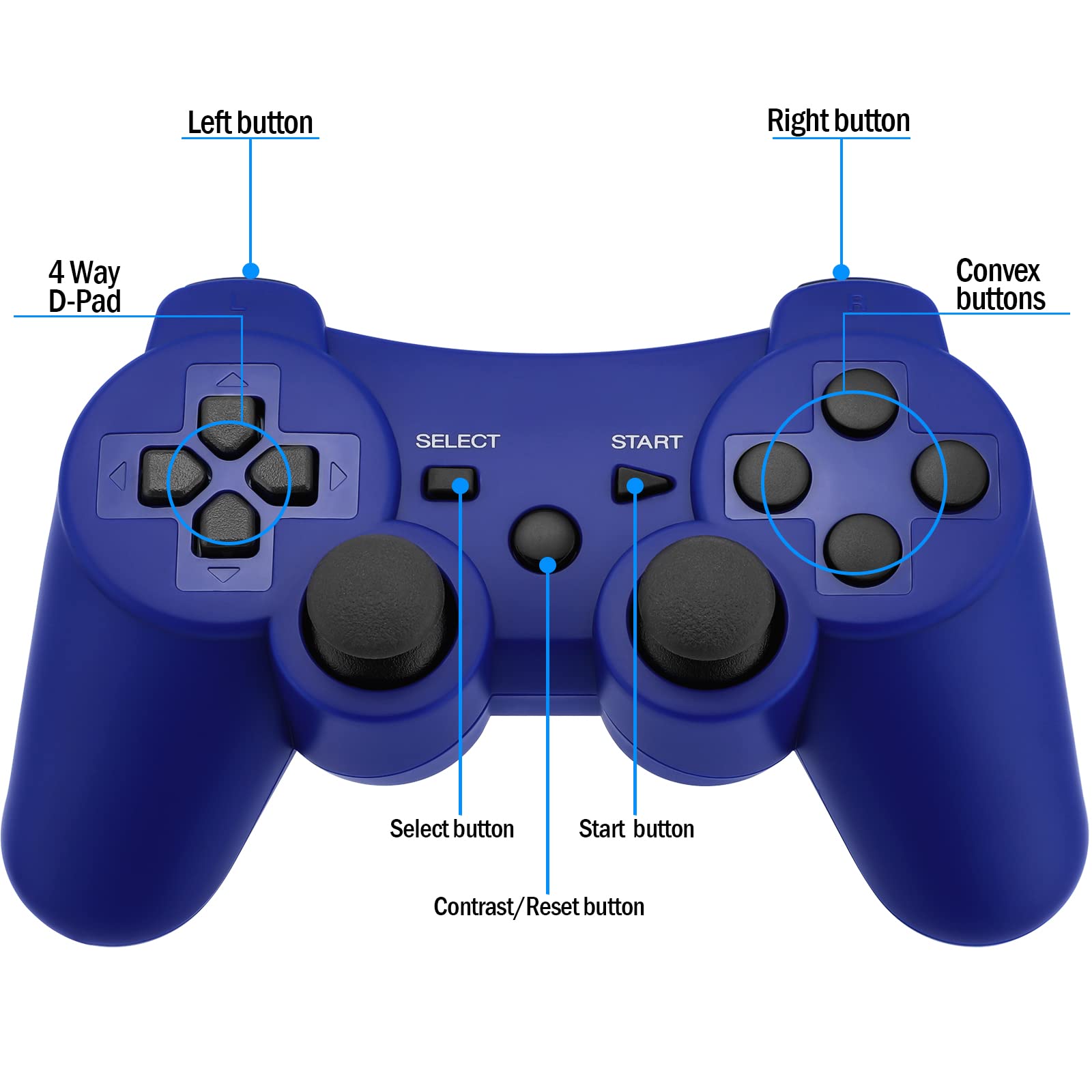 Ceozon PS3 Controller 2 Pack with Six-Axis Dual Vibration Wireless Control with Charging Cables Black + Blue