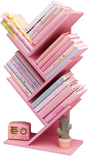 J.DXHY Tree Bookshelf,4-Layer Floor Standing Bookshelf,The Desktop Bookshelf Can Hold Books,Magazines,CDs and Photo Albums,Office Storage Rack,Pink