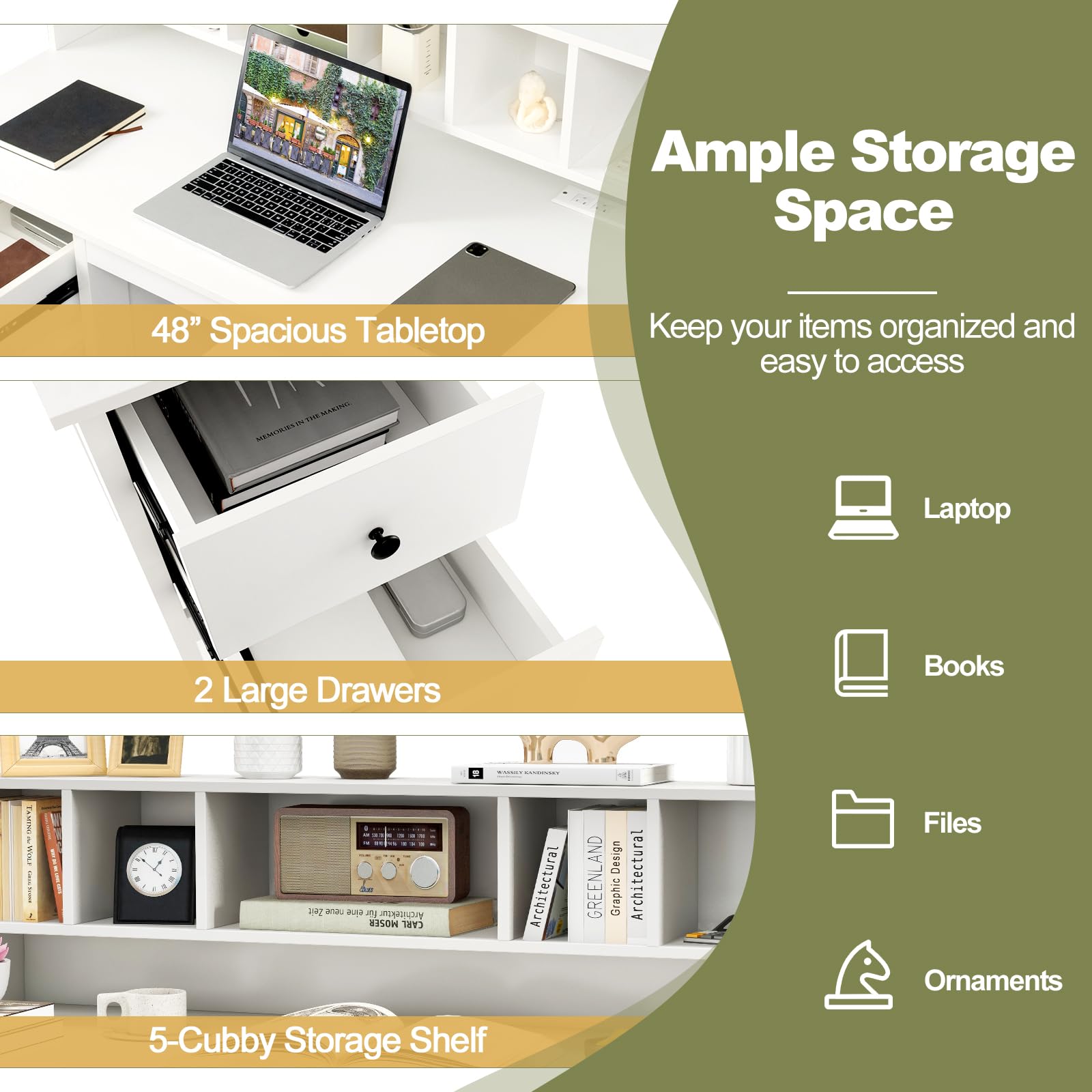 GLOBALWAY48β Computer Desk, Study Writing Desk with 5-Cube Hutch, 2 Drawers & Charging Station, Home Office Workstation for Living Room, Study & Bedroom, White