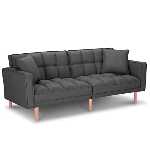 SoarFlash Modern Upholstered Convertible Futon Sofa Bed, Mid-Century Fabric Multi-Function Loveseat Sofa Twith 3 Adjustable Backrests and 5 Solid Wooden Legs (Deep Grey)
