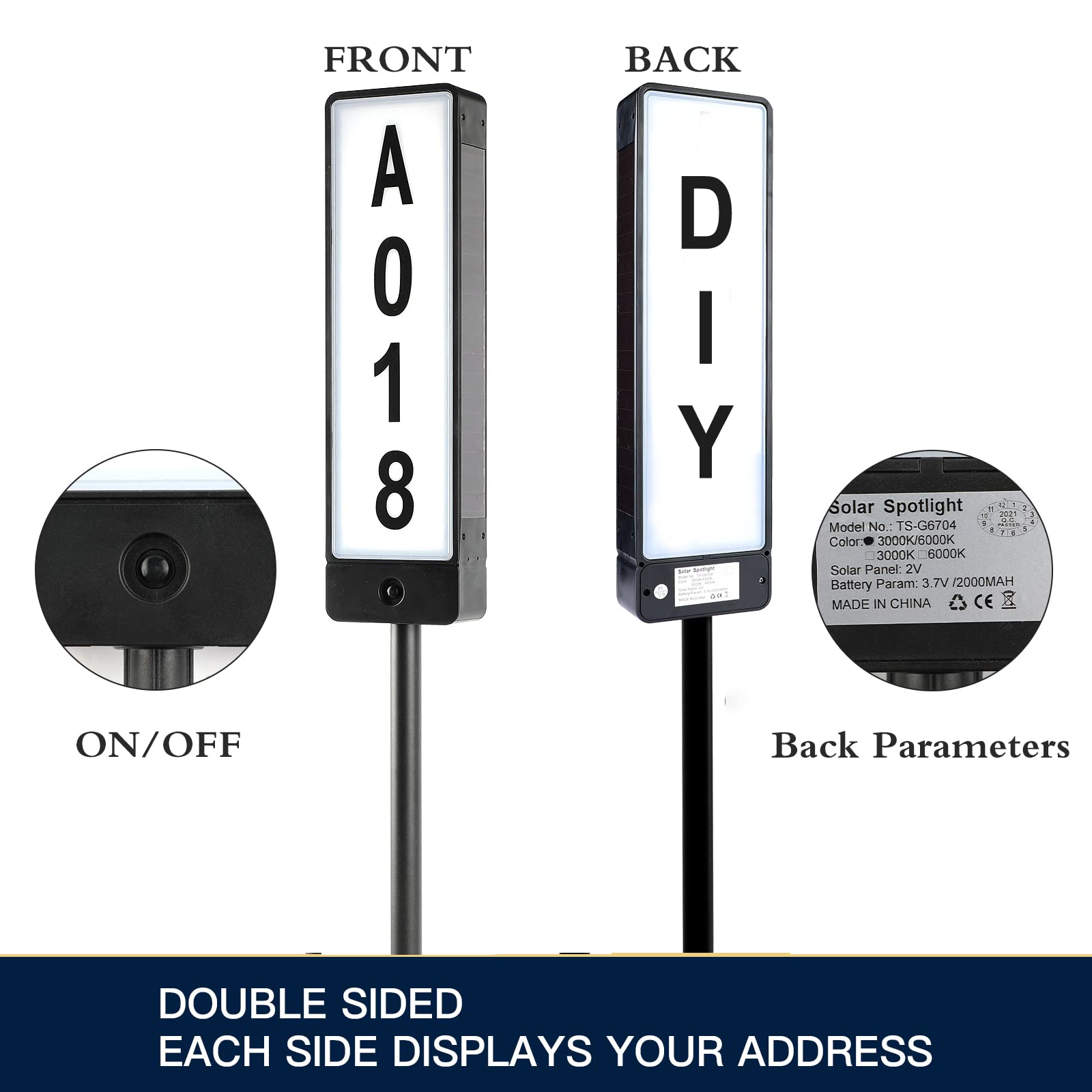 Double Sided Solar Address Plaques House Number, 2 Solar Panel Outdoor Waterproof Address Lighted House Number, LED Illuminated Address Plate with Stakes for Home Garden Yard Driveway Street Sign