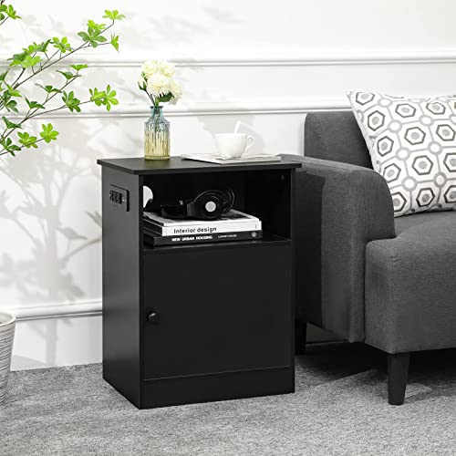 EPHEX Set of 2 End Table with USB Ports & Power Outlets, Black Nightstand with Charging Station, Side Table with Storage Cabinet for Home Office