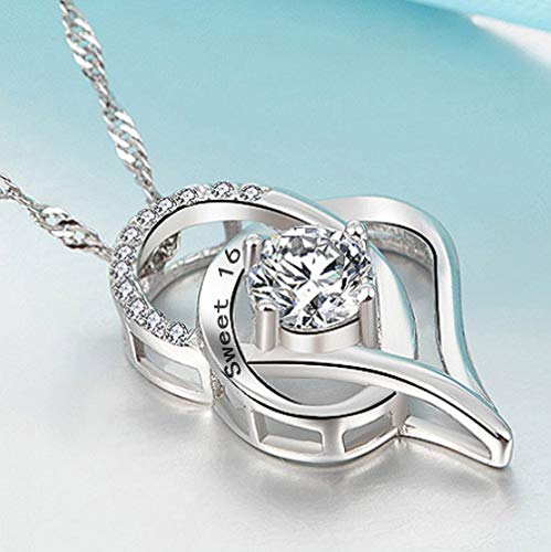 chaomingzhen 925 Sterling Silver Heart Pendant Necklace Engraved Sweet 16 16th Birthday Gift for HER