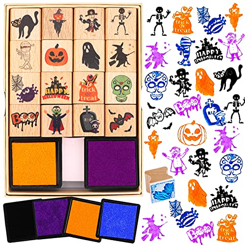 HOWAF 16pcs Halloween Stamps for Kids Crafts with Ink Pad 4pcs, Wooden Stamps for Kids Halloween DIY Scrapbooking Card Making, Halloween Party Bag Fillers for Kids Halloween Party Favor Gift
