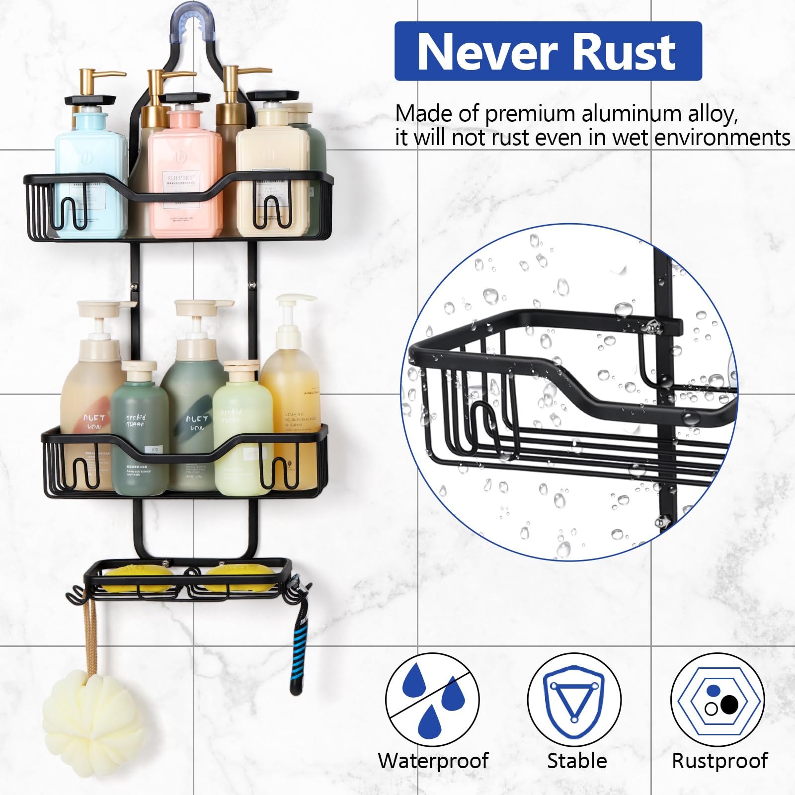 HEOMU Bathroom Hanging Shower Caddy, Shower Organizer Shelves with 4 Hooks, Rustproof & Waterproof Shower Storage Rack for Shampoo, Conditioner, Soap, Bath Sponge, Silver