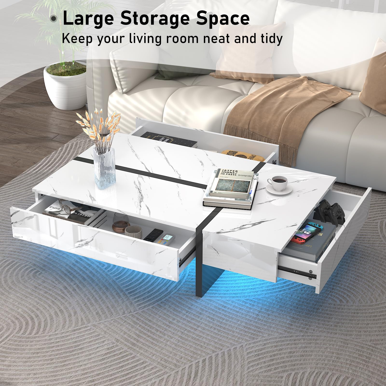 chartustriable 47.2" Modern Coffee Table for Living Room, LED High Gloss Coffee Table with Storage Drawers and LED Light, Center Table for Living Room(Black & Marble)
