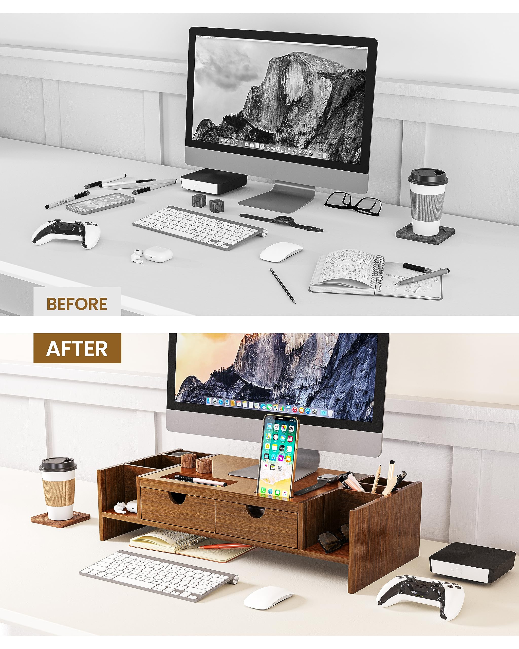 Crestlive Products Monitor Stand Riser, Bamboo Computer Desk Organizer with Adjustable Storage Drawers Laptop Cellphone TV Printer Stand, Antique Brown
