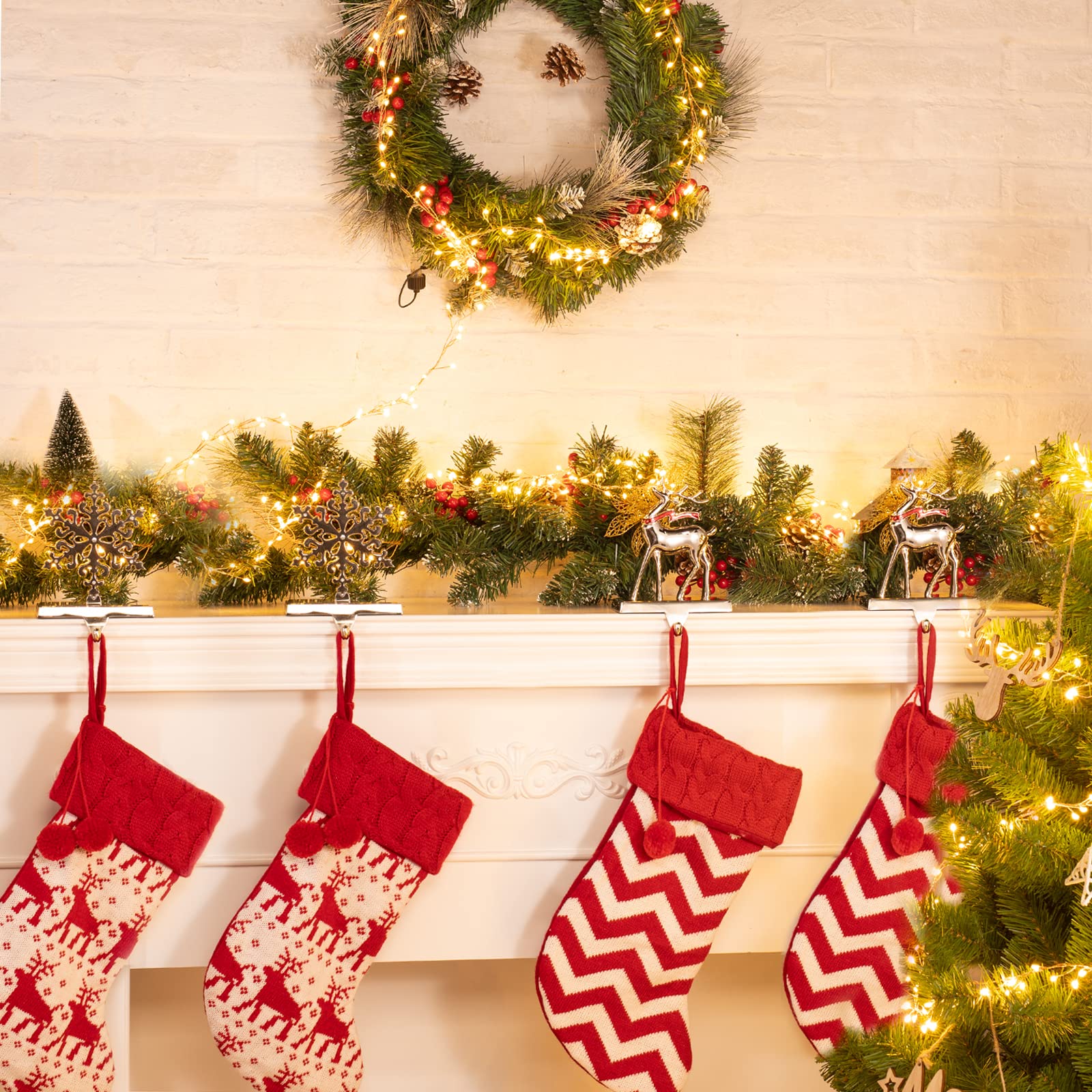Ceramic Christmas Tree Stocking Holders for Mantle, Set of 2 Christmas Tree Stocking Hangers with LED Light for Fireplace, Green White Christmas Tree Stocking Hangers for Window Christmas Decoration