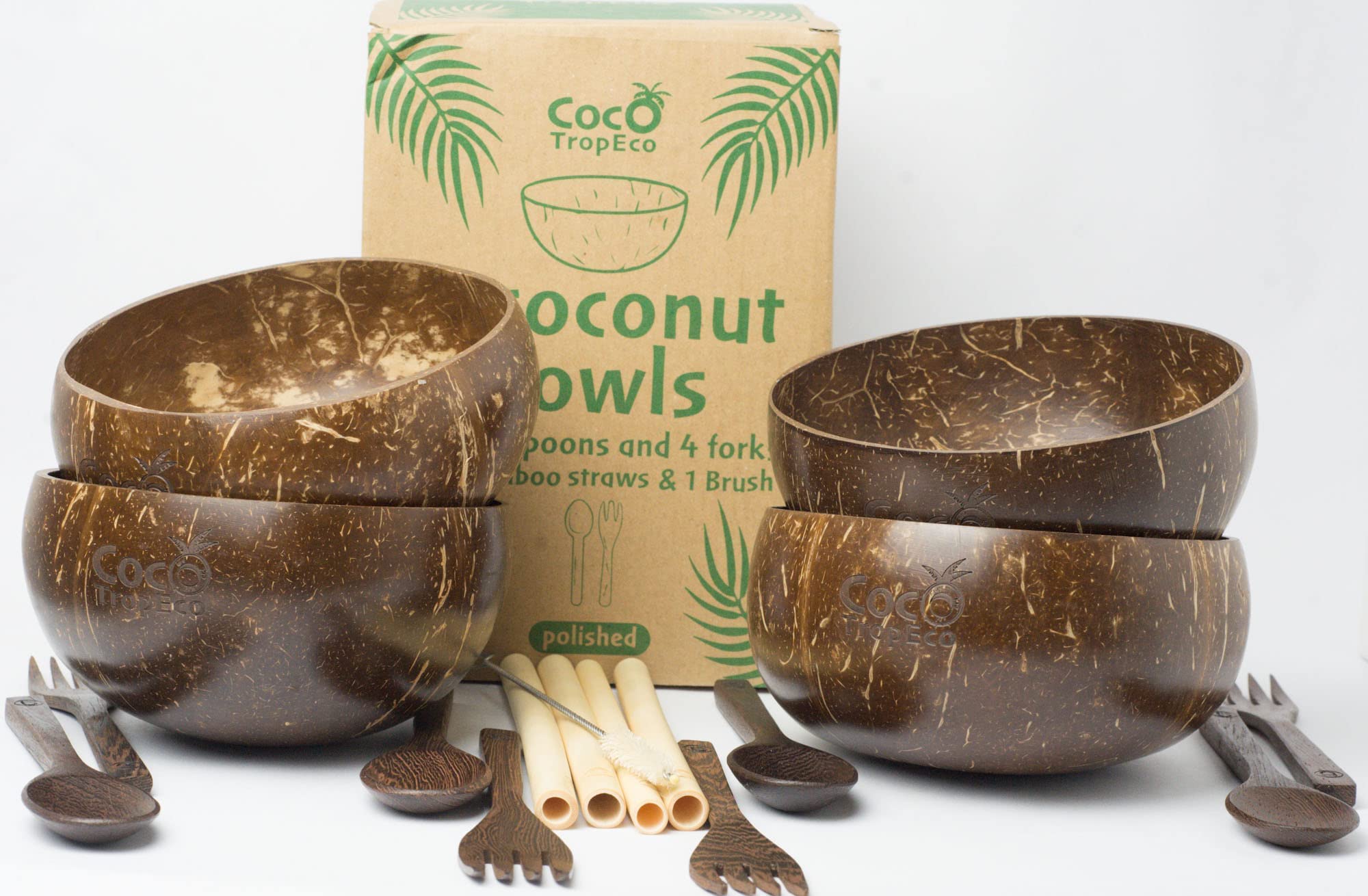 Coco TropEco Coconut Bowl Set of 4 - Handmade Bowls From Natural Coconut Shells + Wooden Spoons + Wood Forks and Bamboo Straws β Buddha Bowls Ideal for Acai Smoothie, Salad or Cereal β Polished β