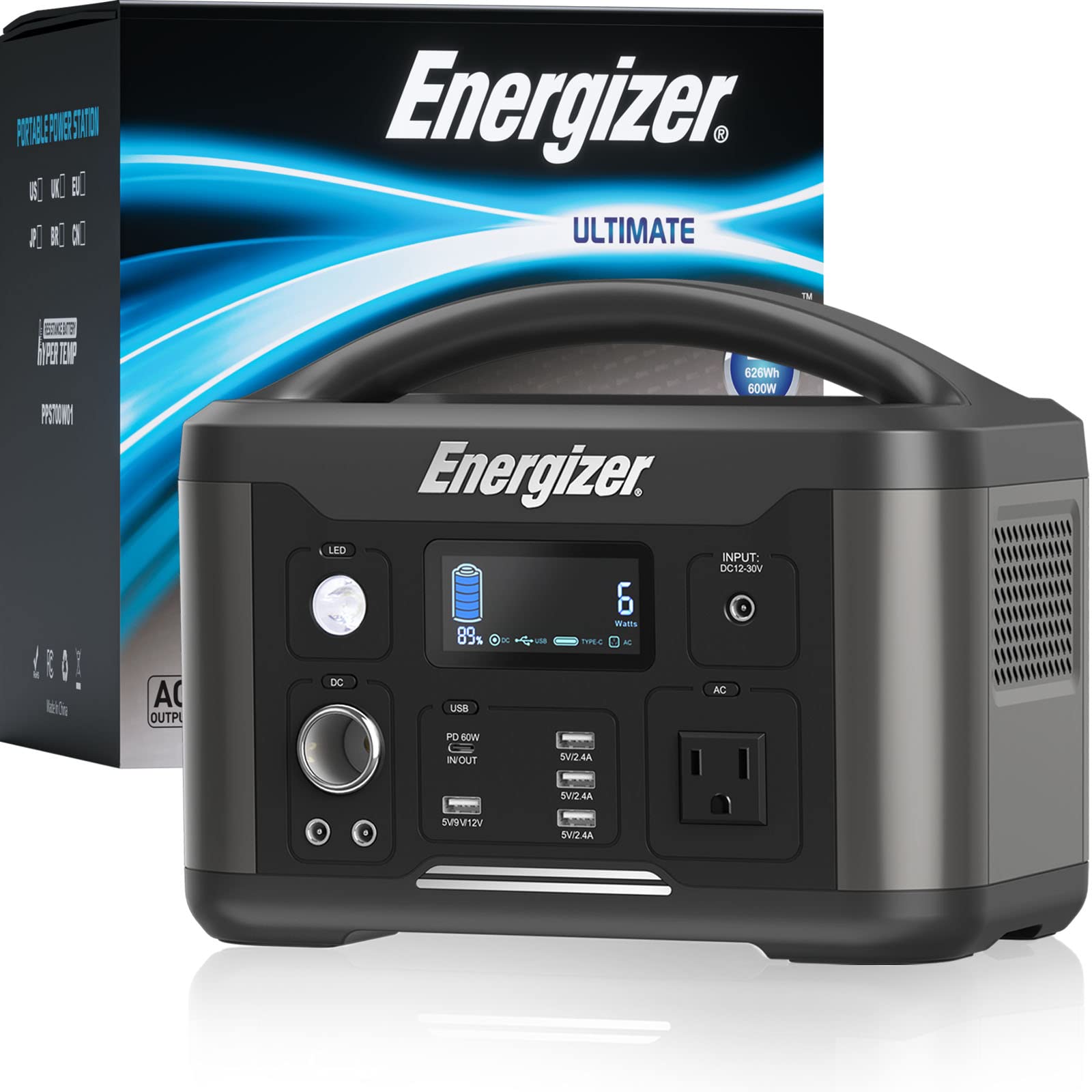 Energizer Portable Power Station PPS700 626Wh Battery 110V/600W Backup Lithium Battery, 110V/600W Pure Sine Wave AC Outlet, Solar Generator for Outdoors Camping Travel Hunting Blackout