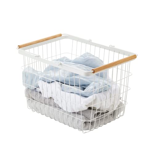 YAMAZAKI home 2809 Laundry Basket with Wooden Handles, Medium, White