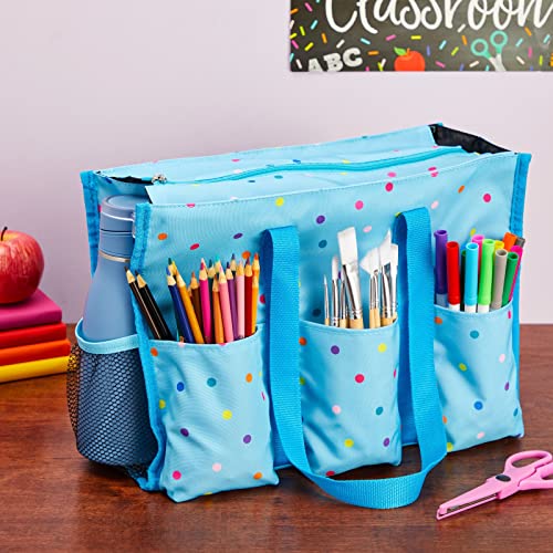 Juvale Large Utility Tote Bag with Pockets, Compartments, and Zip Top for Teachers, Nurses, Crafts, Travel Organization (Light Blue, 14.5 x 10.5 x 6 In)